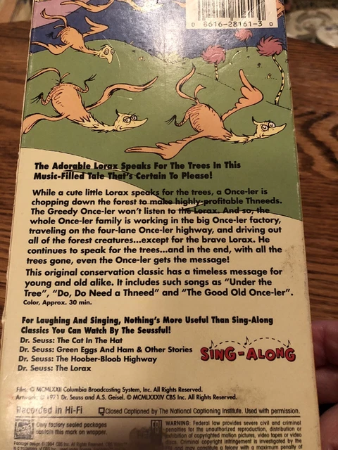 The Lorax Dr Seuss Sing Along Classics Vhs Tape Animated Cbs 9000 Hot