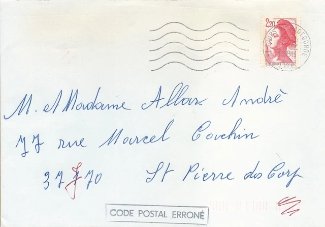 LETTRE EN FAUSSE direction avec cachet CODE POSTAL ERRONE - 1985 EUR 1 ...