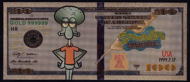 SPONGEBOB SQUARE PANTS "Squidward Tentacles" USA $100 Gold Foil Plastic ...