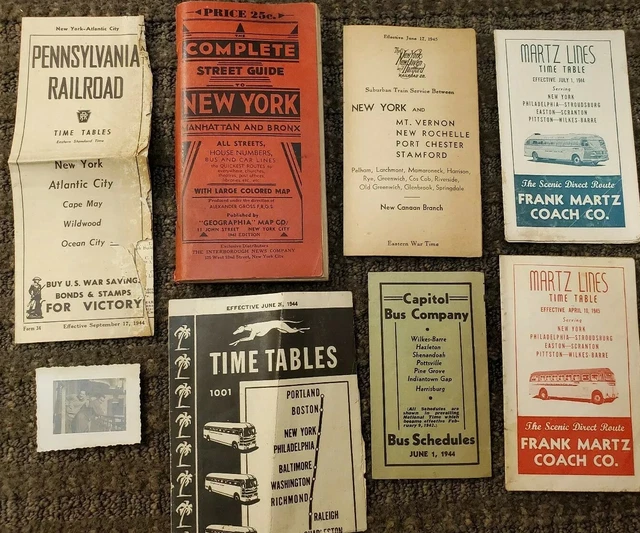 VINTAGE NYC STREET Map Guide 1940s Train & Bus Time Tables PRR NYC WW2 ...
