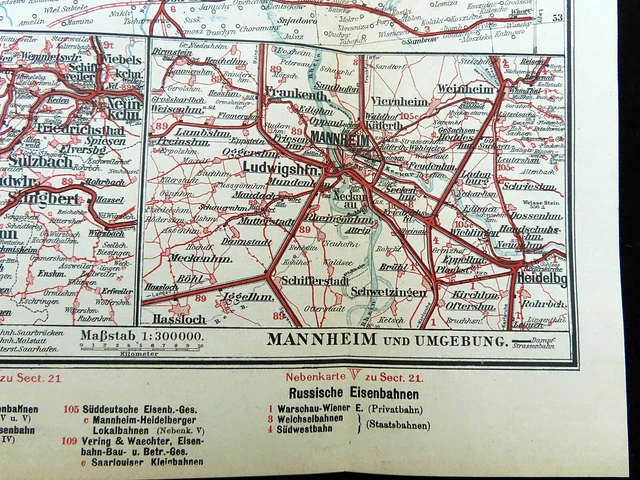 GERMAN RAILWAY MAP Of Mannheim Allenstein Prussia Rail Antique Original GERMAN RAILWAY MAP Of Mannheim Allenstein Prussia Rail Antique Original