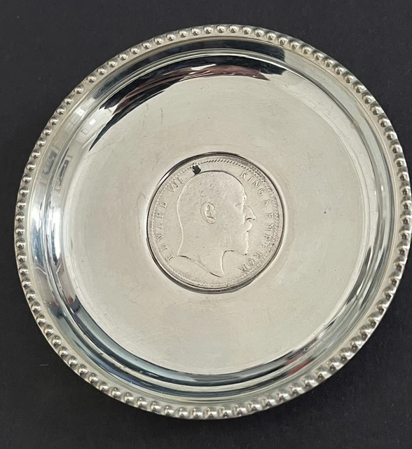 STERLING SILVER DISH Tray Bowl Ashtray With India 1907 One Rupee Coin ...