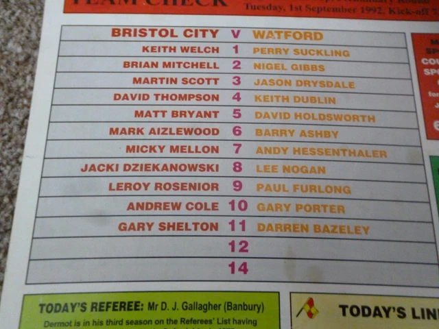 BRISTOL CITY V Watford Tuesday 1St September 1992 Anglo-Italian Cup ...