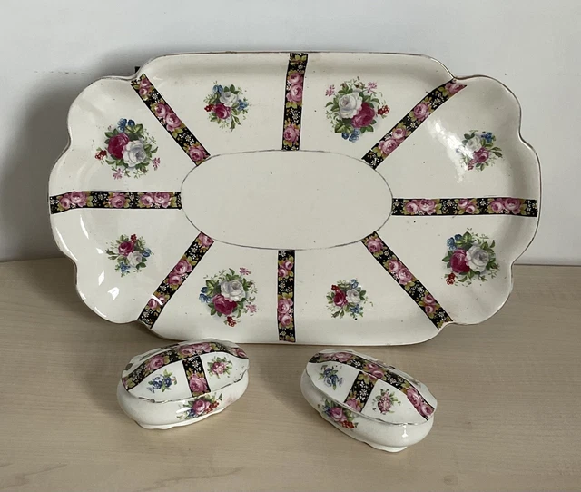 ANTIQUE VINTAGE PRETTY ceramic dressing tables set Roses. Tray + 2 ...