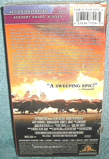 DANCES WITH WOLVES - Vhs 1999 -Kevin Costner - Drama - Mgm - Brand New ...