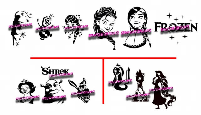 FROZEN ELSA OLAF Shrek Fiona Rapunzel Tangled FakeTattoo Craft Stencil ...
