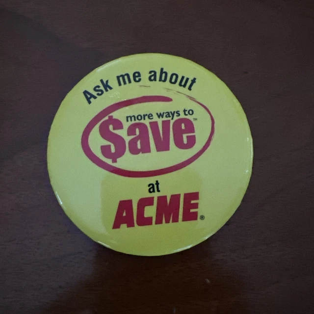 VINTAGE ACME SUPERMARKET Advertising Pin Employee Uniform Big Yellow $5 ...