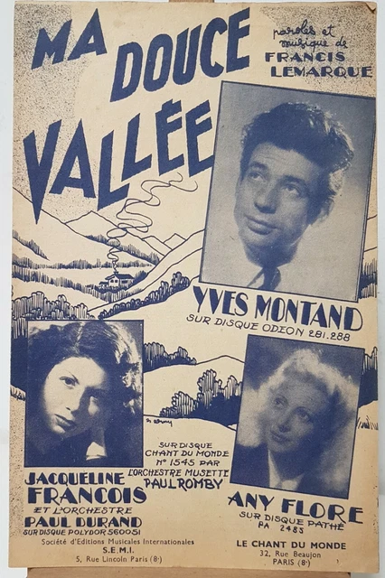 PARTITION ANCIENNE: MA DOUCE VALLEE - YVES MONTAND - FRANCIS LEMARQUE ...