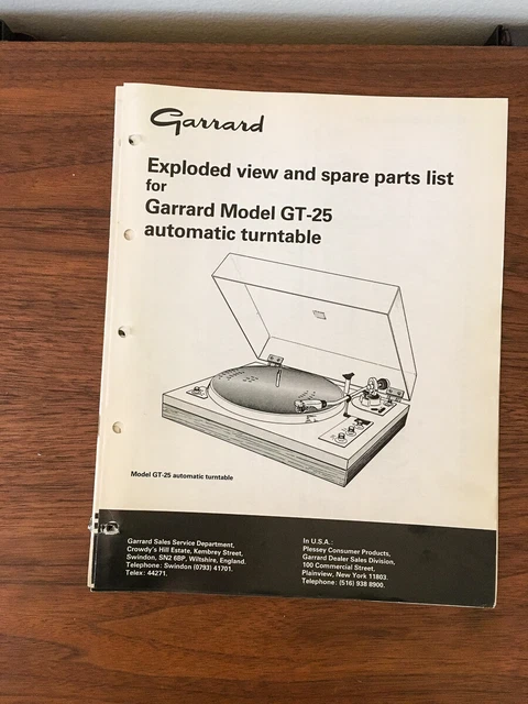 GARRARD MODEL GT25 GT-25 Turntable Exploded View / Parts List *Original ...