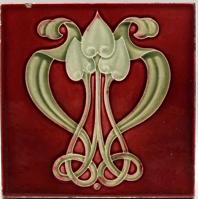 ART NOUVEAU FIREPLACE Tile Red Triple Floral Majolica by Henry Richards ...