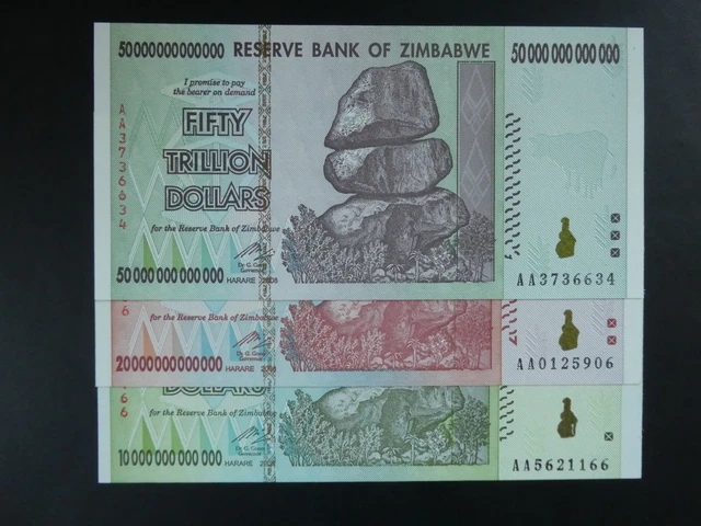 3NO. 2008 ZIMBABWE (AFRICA) 10, 20 & 50 TRILLION DOLLARS BANKNOTES ...