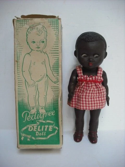 VINTAGE 1950S 7& PEDIGREE DELITE HARD PLASTIC BLACK DOLL WITH BOX £15. ...