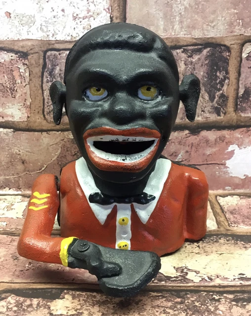 VINTAGE JOLLY BLACK Man Cast Iron Money Box Bank With Moving Arm Tongue ...