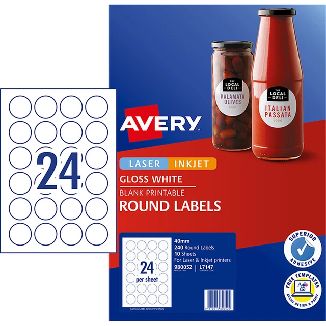 AVERY WHITE GLOSS Round Label - L7147 - 40mm - 240 Labels [980052] $21. ...