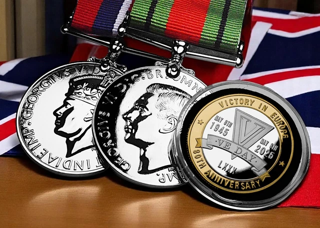VE DAY 80TH Anniversary Commemorative Coin & WW2 Defence/War Medal Set ...