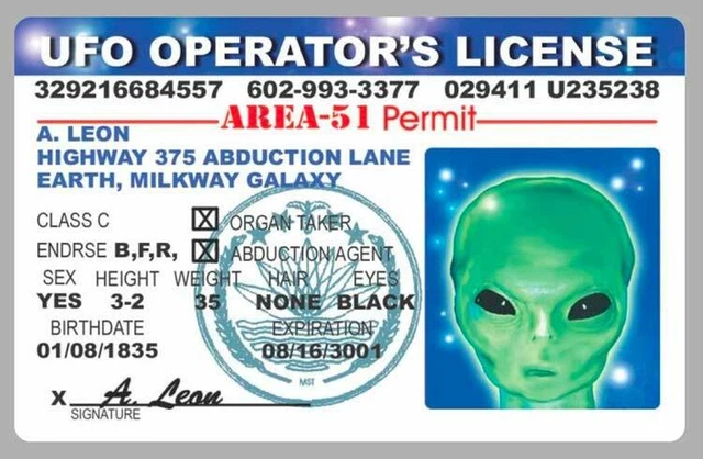Alien Collectable Trading Card Sets Alien UFO Operator's License ID ...