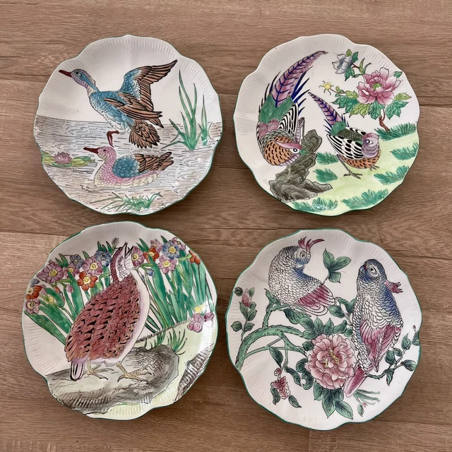 RARE 9” VINTAGE Asian Chinese Porcelain Hand Painted Plates Love Birds ...
