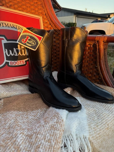 NIB JUSTIN MEN'S BASICS ROPER WESTERN BOOTS Black vintage red bottom ...