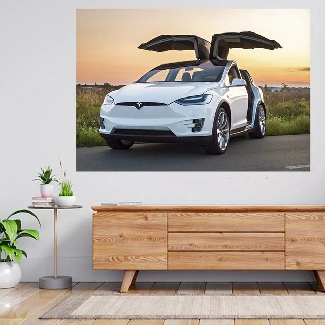 ELECTRIC CAR TESLA on Country Road 3d View Wall Sticker Poster Decal ...