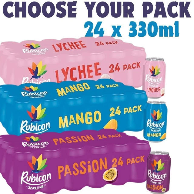 RUBICON JUICE SPARKLING Fizzy Drink Cans, 330ml Pack of 24 All Flavours ...