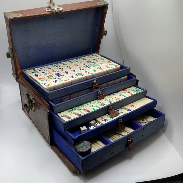 ANTIQUE CHINESE MAH Jongg set bovine bone bamboo Tiles leather case ...