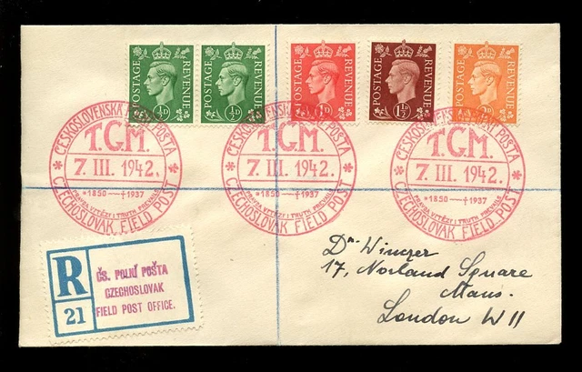 CZECHOSLOVAKIA WW2 FIELD POST on GB 1942 REGISTERED 5 stamps T.G ...