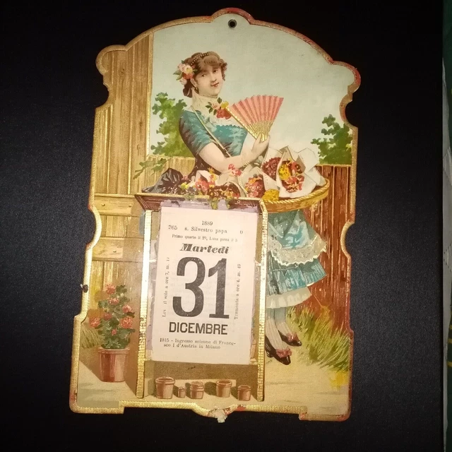27,5X17,7 ITALIA-CALENDARIO 1889-CHROMOLITHOGRAPHIE incisée de dorure ...