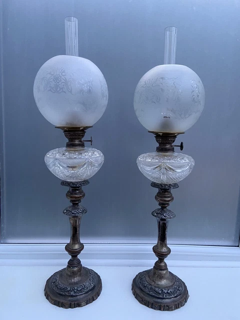 PAIR ANTIQUE OIL Lamp Cut Glass Font Etched Shade French Gaudard 1 Wick ...