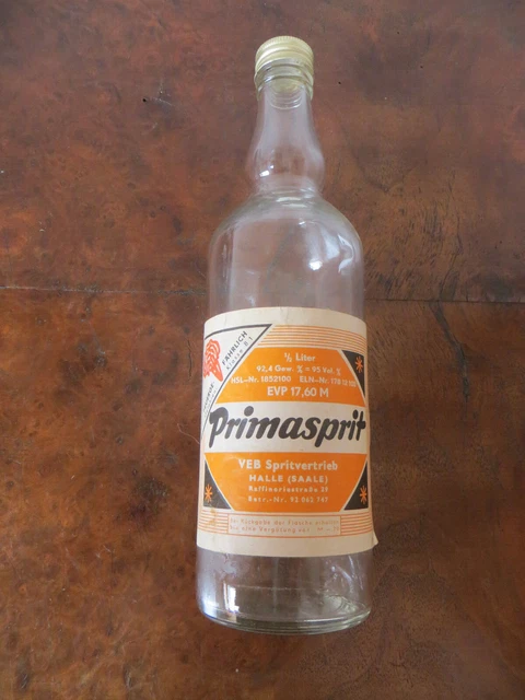 DDR OSTALGIE FLASCHE Primasprit VEB Spritvertrieb Halle 1/2 Liter EUR 3 ...