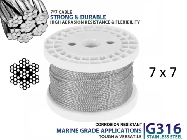 WIRE ROPE STAINLESS Steel 316 7x7 3.2mm Marine Cable Decking Balustrade ...