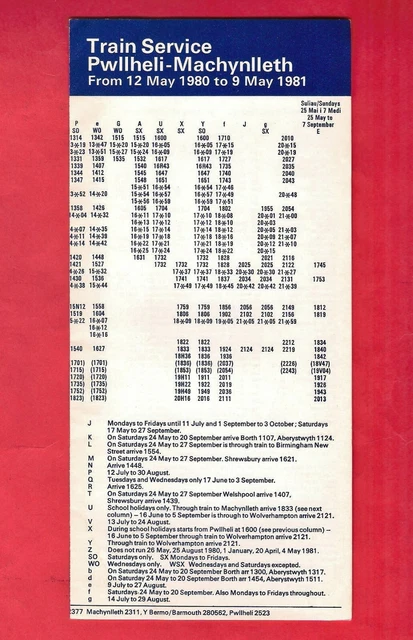 BRITISH RAIL (LM) Train Timetable Leaflet ~ Machynlleth to Pwllheli ...