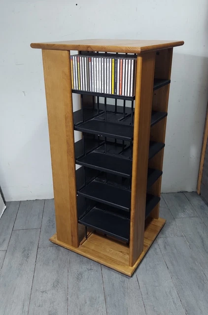 VINTAGE OAK WOOD Rotating/Spinning CD Storage Tower Floor Rack Carousel ...