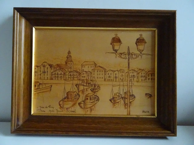 TABLEAU PYROGRAVURE SIGNÉ Valota Pays Basque Port de Saint Jean de Luz ...