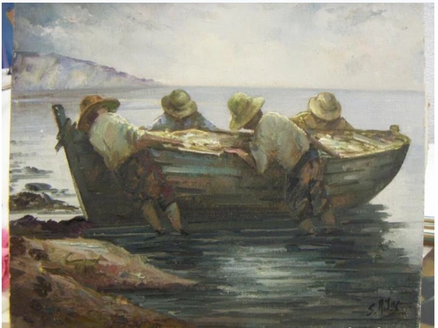 TABLEAU PEINTURE HUILE Impressionniste XXème. Marine avec bateau et pêcheurs EUR 200,00 ...