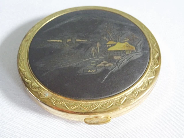 VINTAGE DAMASCENE COMPACT 1960s Powder Ladies Gilt Black Metal Japanese ...