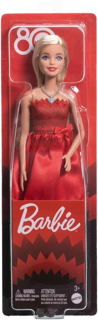 BARBIE. JGD25 MATTEL 80th Anniversary. Blond lalka w czerwonej sukni ...