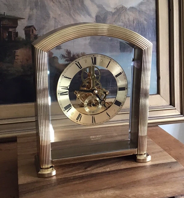 VINTAGE SEIKO QUARTZ BRASS SKELETON Design MANTLE DESK CLOCK Super £114 ...