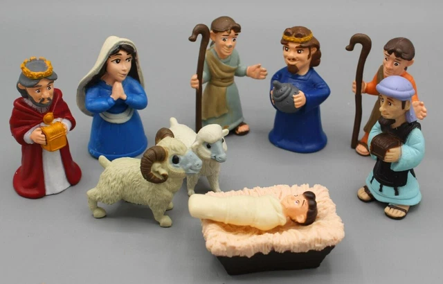KIDS TOY NATIVITY Set Finger Puppet Mini Plastic 10 Figures Bible Jesus ...