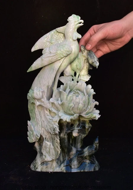 14.8 & CHINESE Natural Dushan Jade Hand Carved Phoenix Bird Flower ...