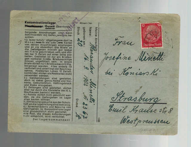 1943 DEUTSCHLANDDECKEL KZ Mauthausen KZ Alexander Minetti Straßburg EUR ...
