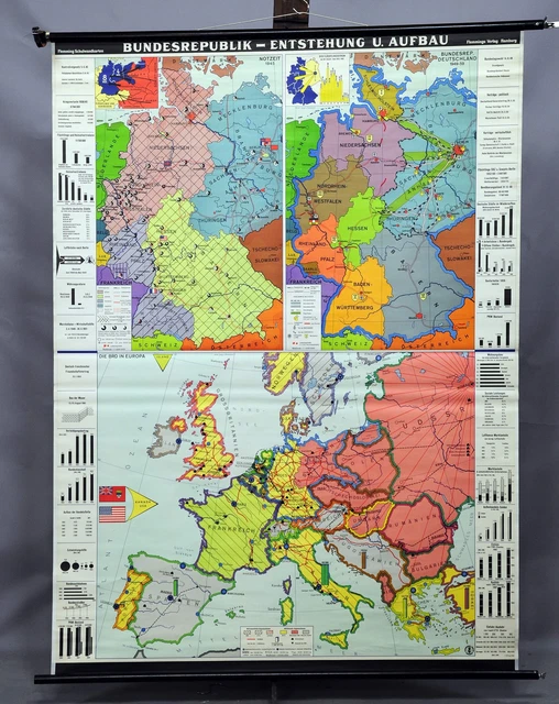 VINTAGE ROLLABLE MAP Wall Chart Federal Republic of Germany Poster ...