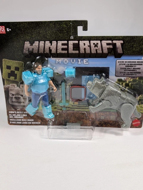 2025 A MINECRAFT Movie Diamond Armor Steve & Wolf 4" Figure 2 Pack ...
