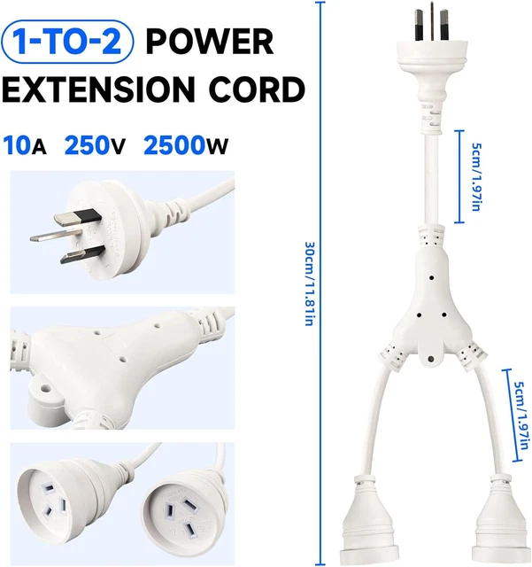 1-TO-2 POWER EXTENSION Cord 0.3 M, Double Plug Australia Standard ...