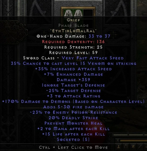 DIABLO 2 RESURRECTED - Grief Runeword Phase Blade (35-359) IAS-Damage ...