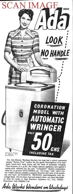 1953 ADVERT ADA Top-Loading Washing Machine & Wringer (2) Original ...