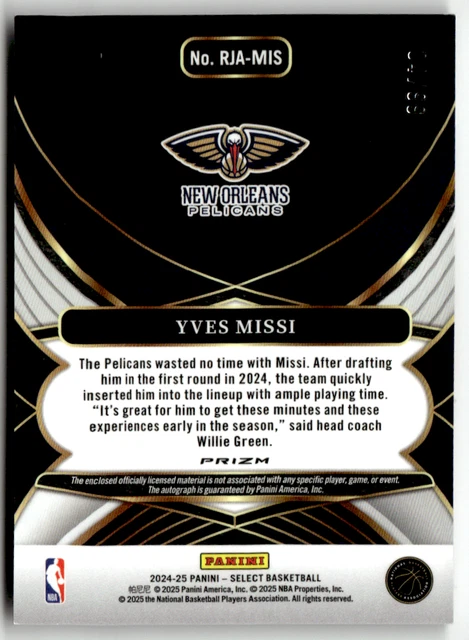 2024-25 PANINI SELECT NBA No. RJA-MIS Yves Missi Rookie Patch Auto 4/99 ...