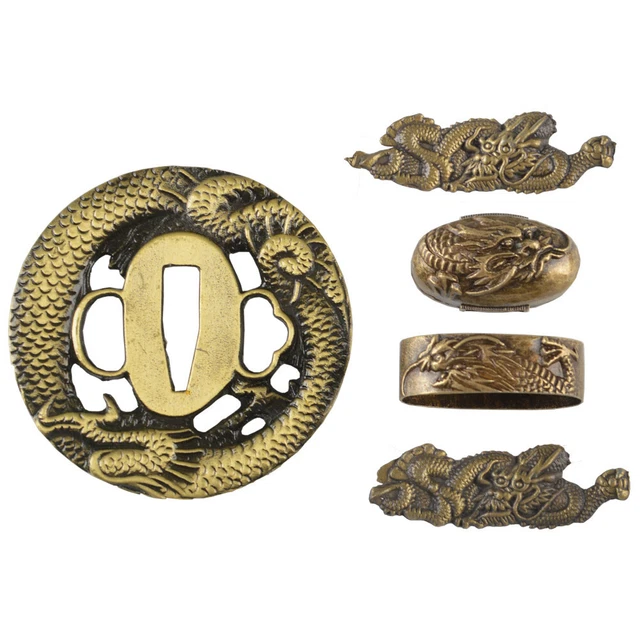 DRAGON TSUBA HAND Guard Kashira Fuchi Menuki For Japanese Katana ...