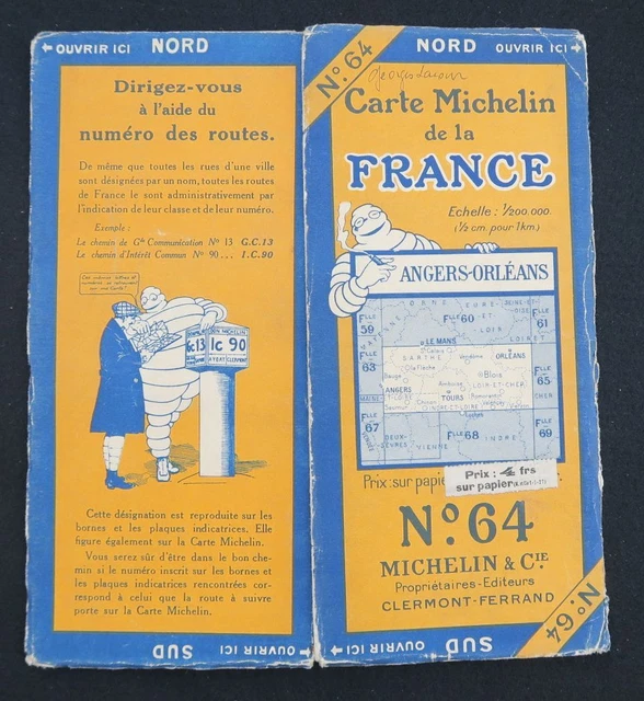 CARTE MICHELIN N°64 ANGERS ORLÉANS 1925 map Mapa Bibendum pneu guide ...