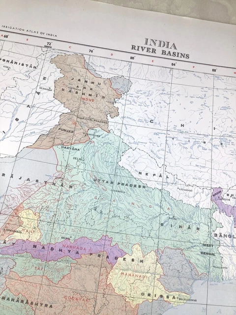 1972 LARGE VINTAGE Map of India Indian River Basins Ganges Indus ...