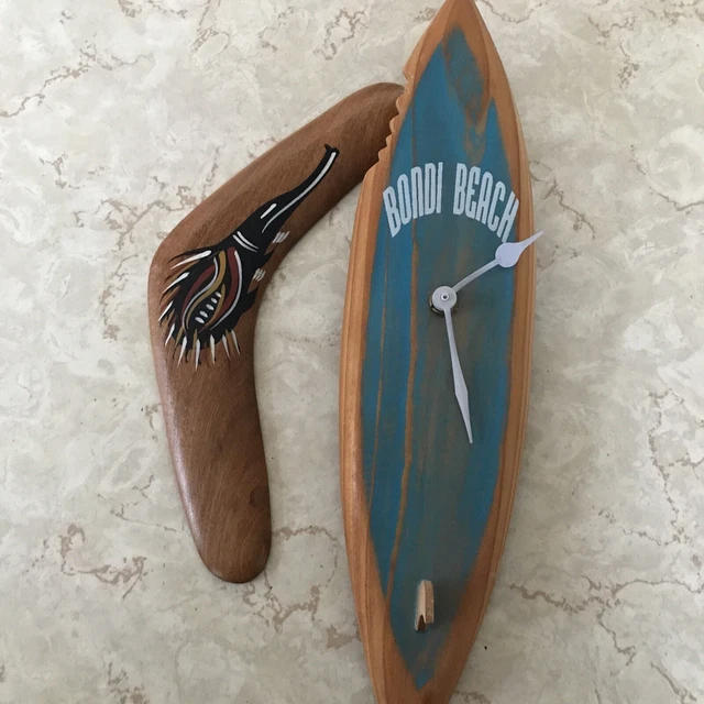 WOODEN AUSTRALIAN ITEMS Bondi Beach Clock And Decorative Boomerang £5. ...
